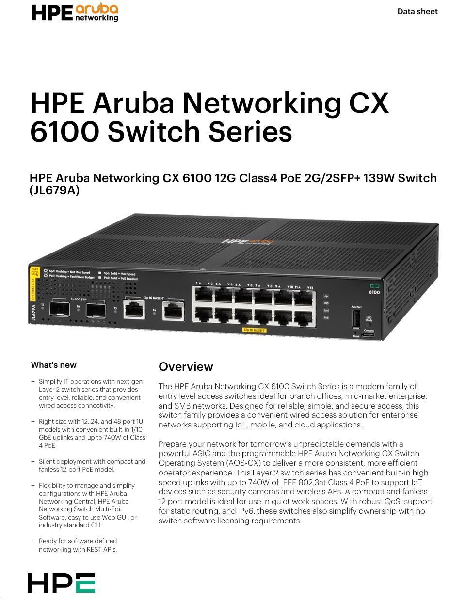 Aruba 6100 12G Class4 PoE 2G/2SFP+ 139W Switch JL679A RENEW ...